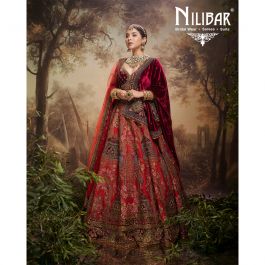Red Mehroon Velvet And Net Bridal Lehenga